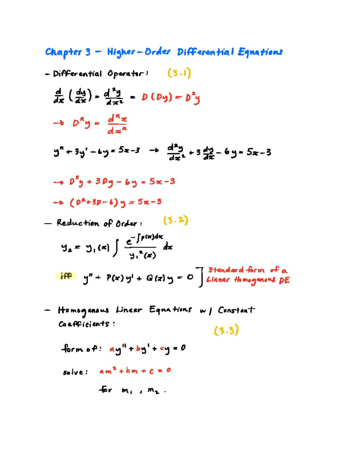 Differential Equation Syeds note - Chapter 3 Higher Order Differential ...