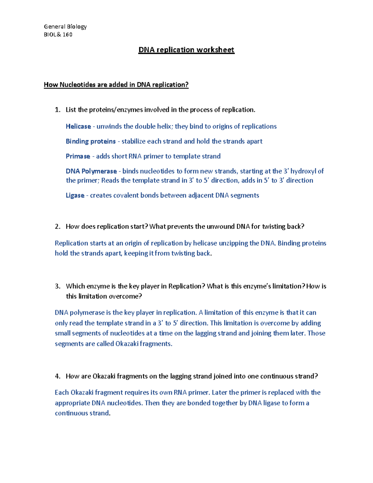 General Biology DNA Replication Worksheet - General Biology BIOL& 160 ...