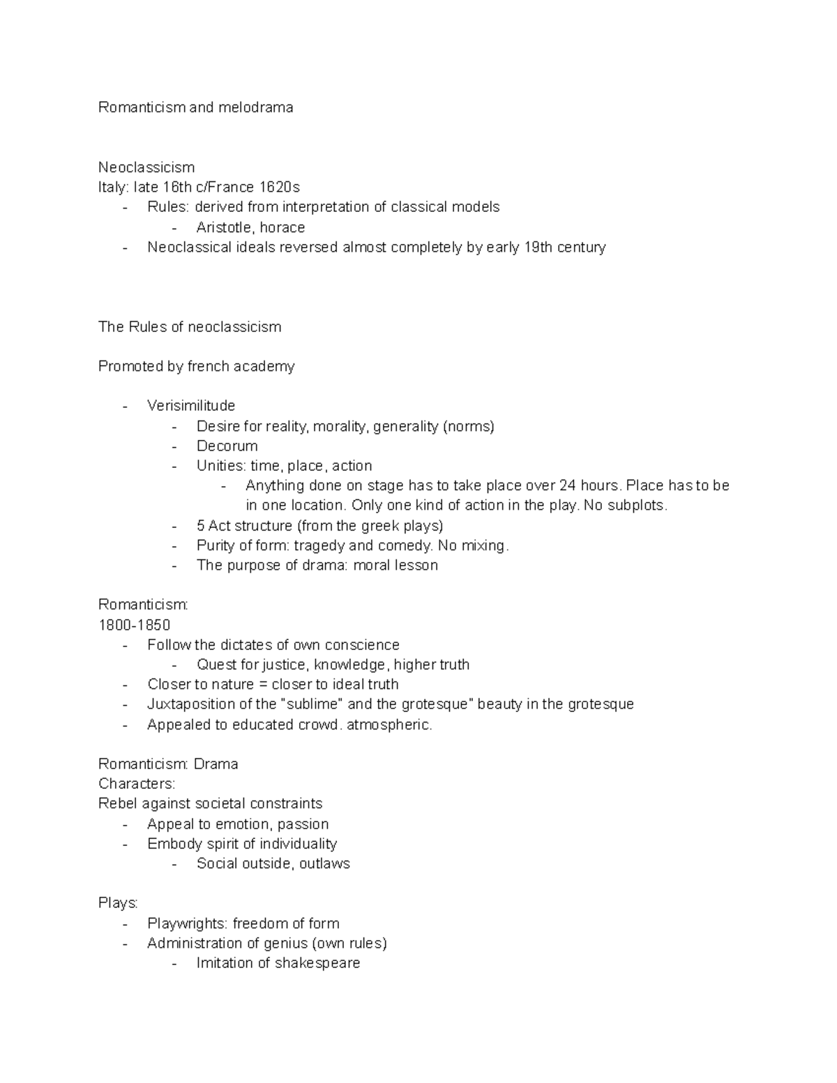 Theater Week 9 - lecture notes - Romanticism and melodrama ...
