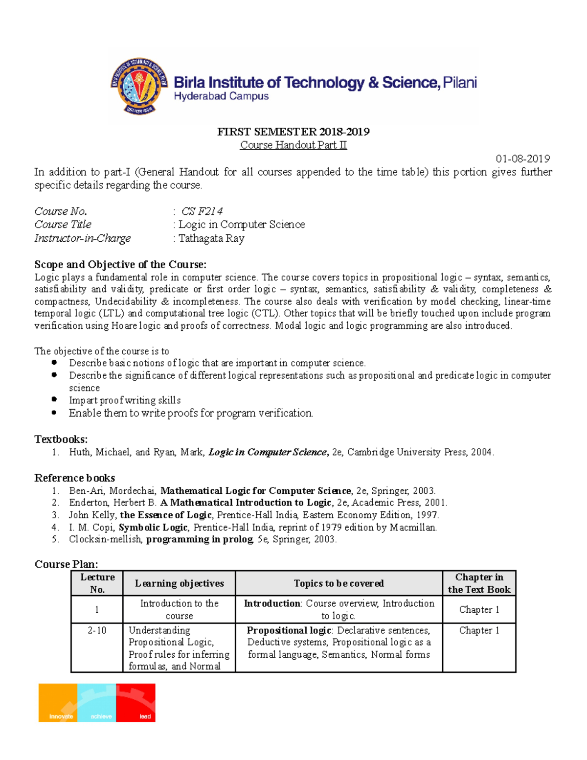 CS F214 - Course handout - FIRST SEMESTER 2018- Course Handout Part II 01-08- In addition to ...