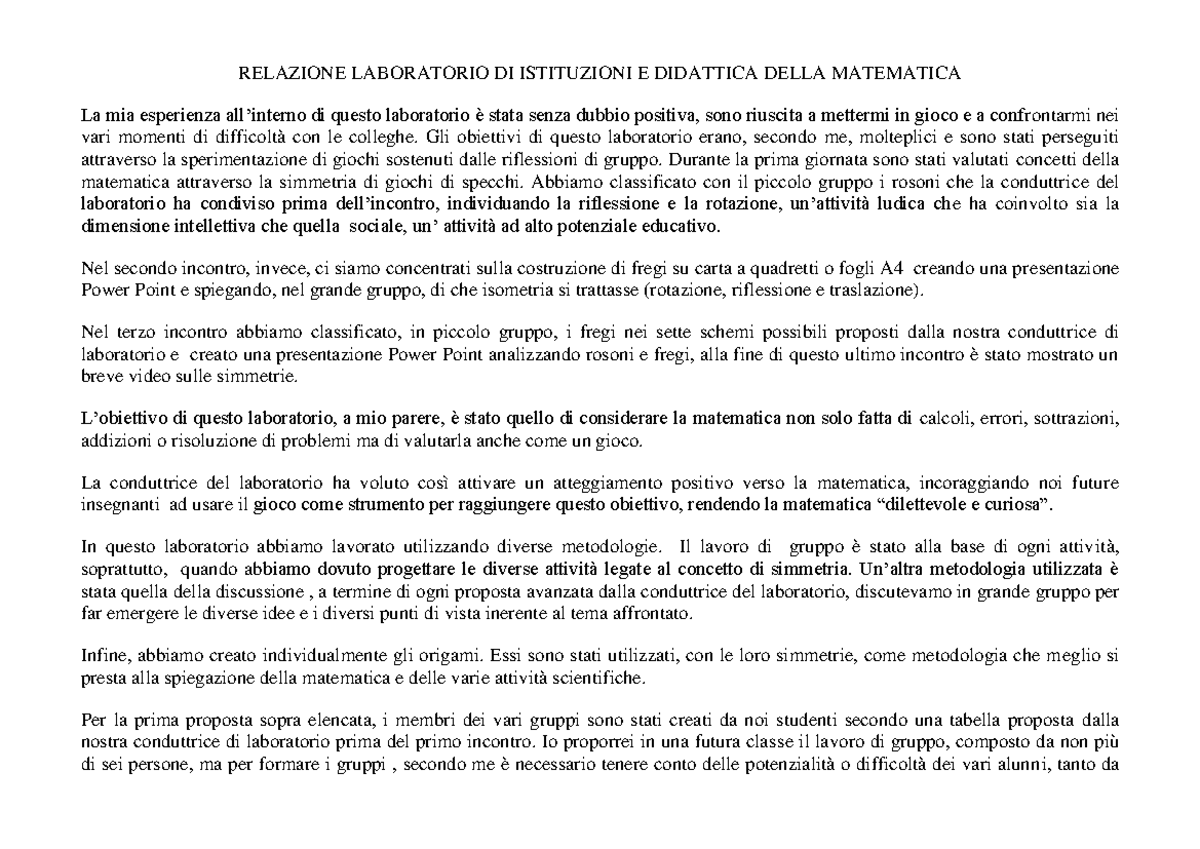 Relazione matematica - RELAZIONE LABORATORIO DI ISTITUZIONI E DIDATTICA ...