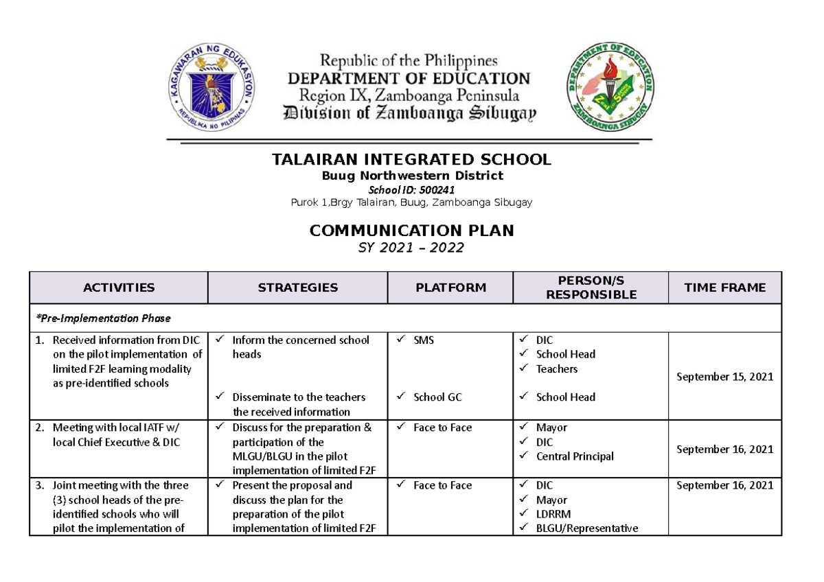 face to face requirements Communication-Plan-1 - TALAIRAN INTEGRATED ...