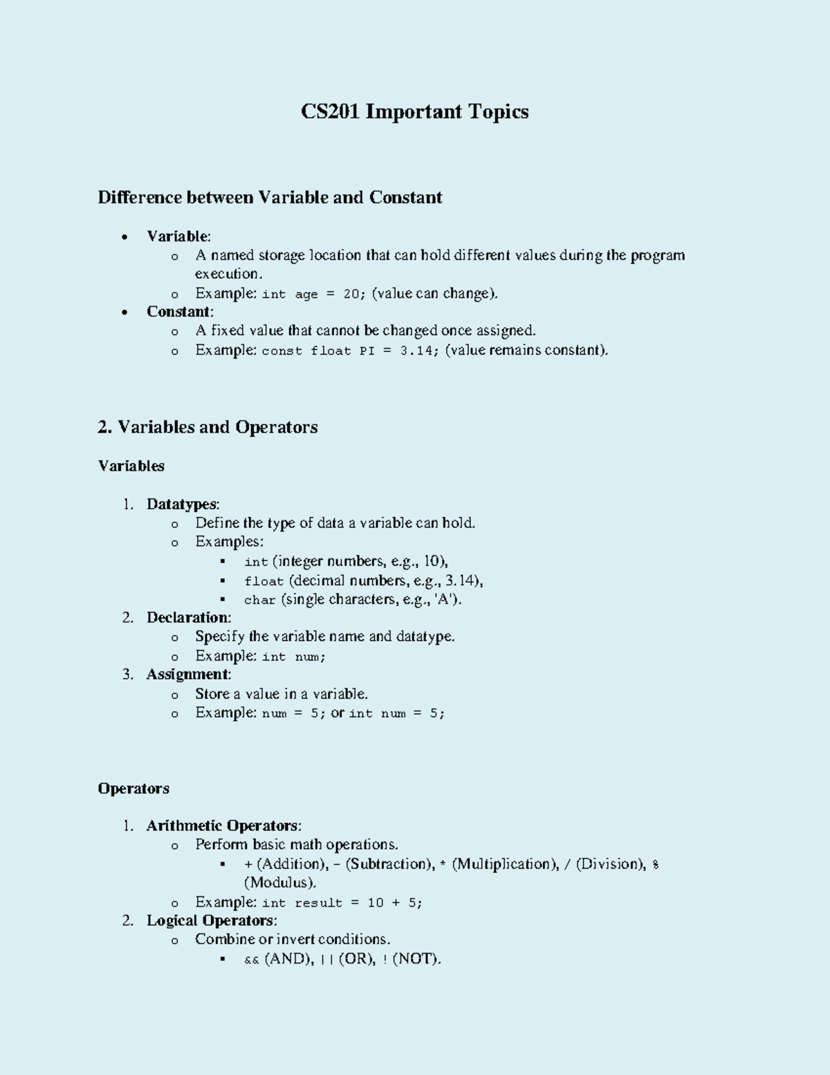 CS201 Important Topics - CS201 Important Topics Difference between Variable and Constant ...