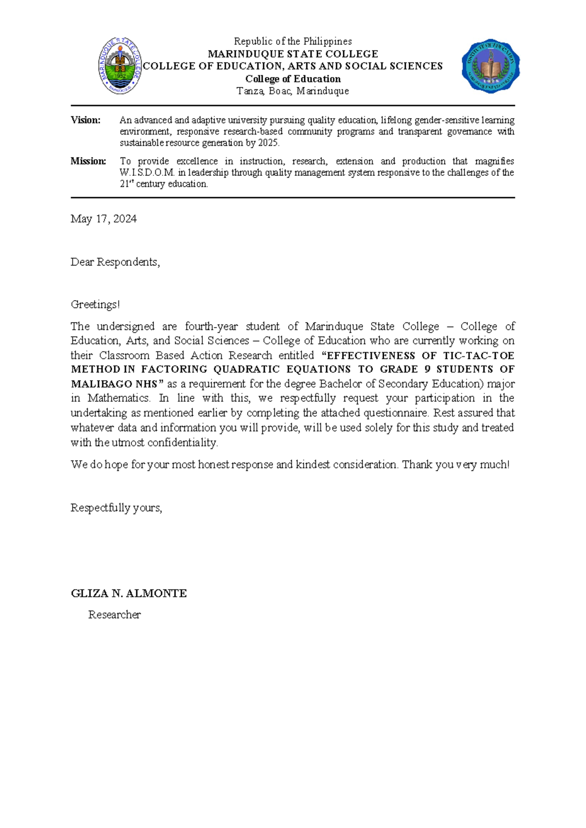 Letter FOR Thesis - MARINDUQUE STATE COLLEGE COLLEGE OF EDUCATION, ARTS ...