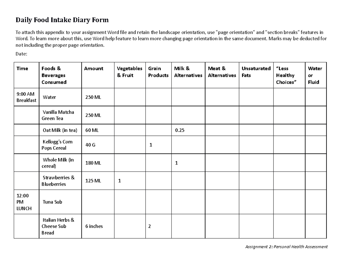 Daily Food Intake Assignment 2 - Daily Food Intake Diary Form To attach ...