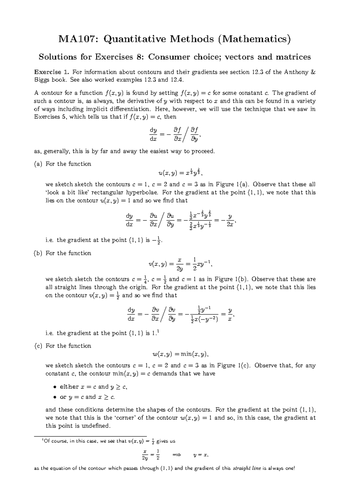 Exercise 8 Answer - MA107: Quantitative Methods (Mathematics) Solutions for Exercises 8 ...