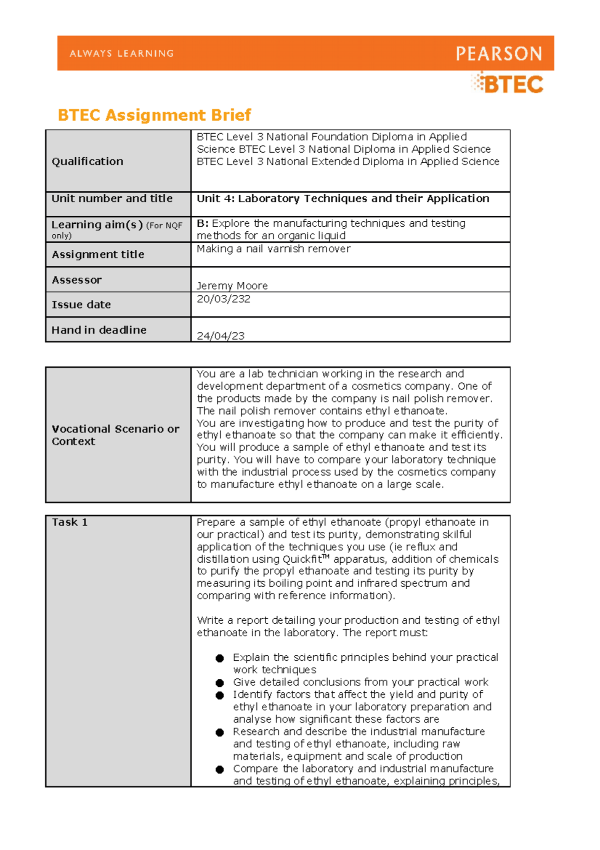 Unit 4 B Breif - BTEC Assignment Brief Qualification BTEC Level 3 National Foundation Diploma in ...