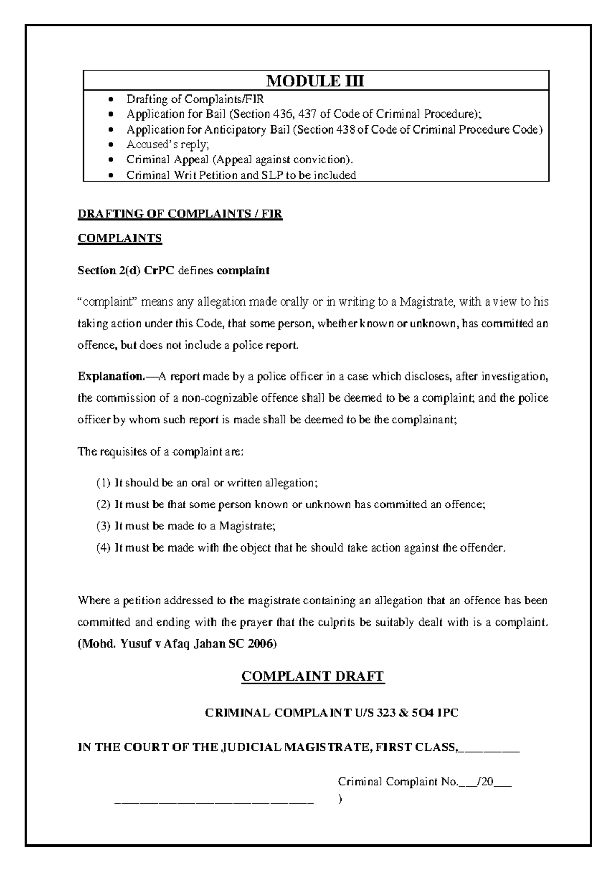 Module 3 - summary notes - MODULE III Drafting of Complaints/FIR ...