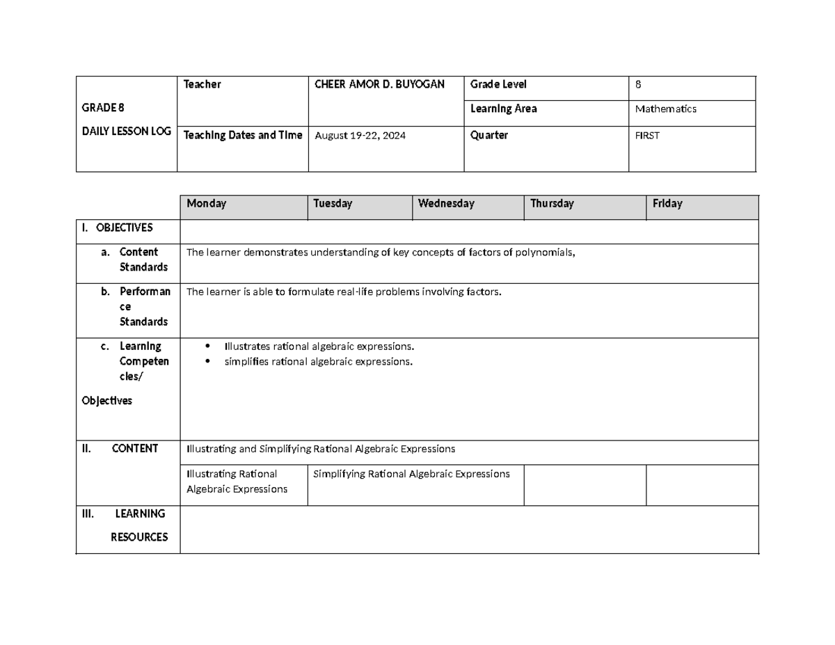 Week 3 - daily lesson log - GRADE 8 DAILY LESSON LOG Teacher CHEER AMOR ...