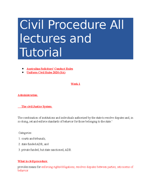 Civil Procedure - lecture notes all - CIVIL PROCEDURE – WEEK 1 The ...