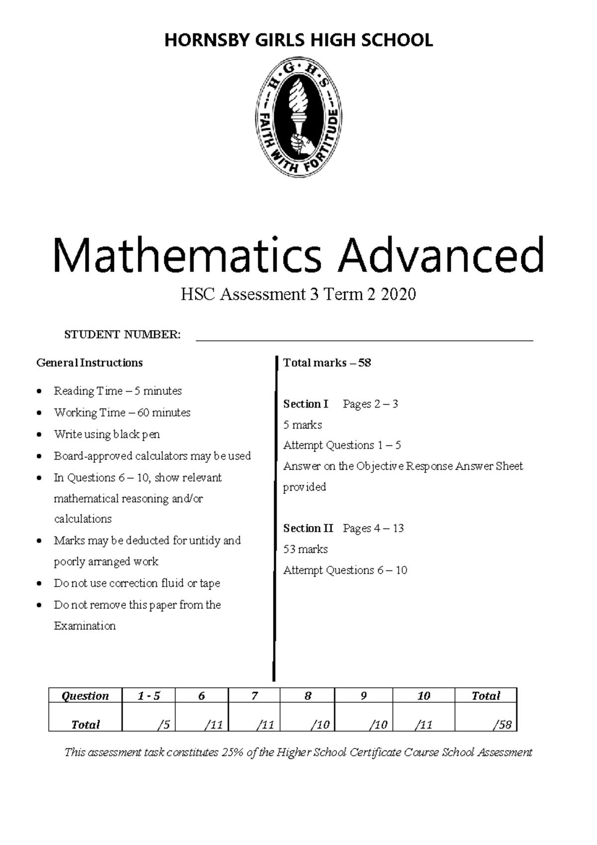 Year 12 Mathematics advanced Assessment 3 Term 2 2020 - HORNSBY GIRLS ...