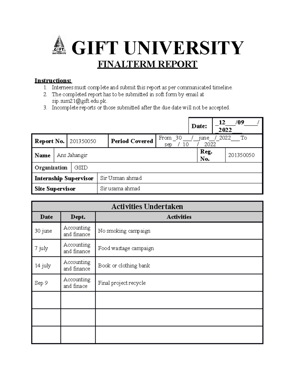 Final term Internship organization Report - GIFT UNIVERSITY FINALTERM ...