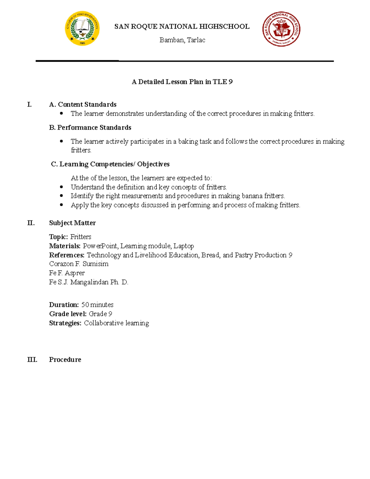 Daily Lesson PLAN, TLE 3 - SAN ROQUE NATIONAL HIGHSCHOOL Bamban, Tarlac ...