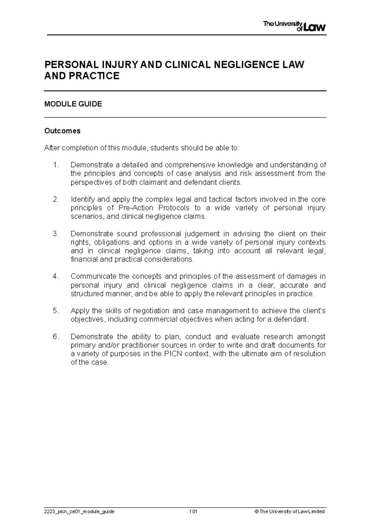 2223 picn ce01 module guide - PERSONAL INJURY AND CLINICAL NEGLIGENCE ...