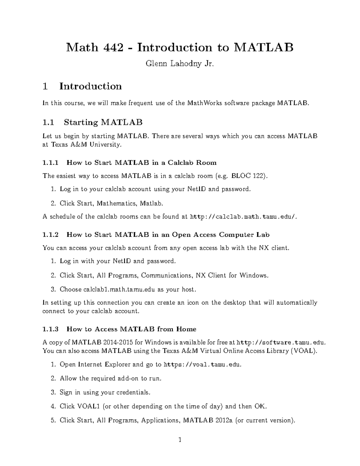 Introduction to Matlab - Math 442 Introduction to MATLAB Glenn Lahodny ...