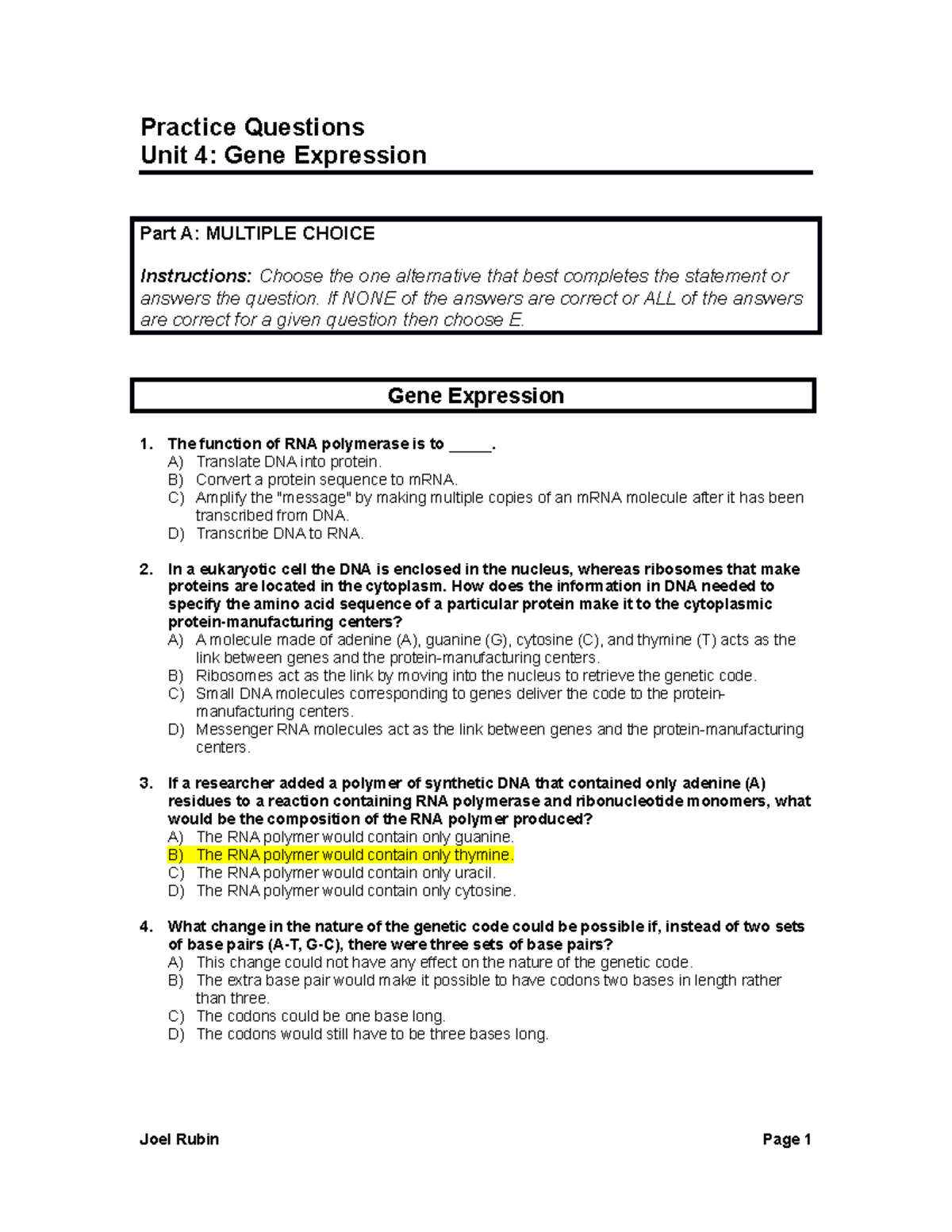 BZE Practice Questions DNA +protein synthesis - Practice Questions Unit ...