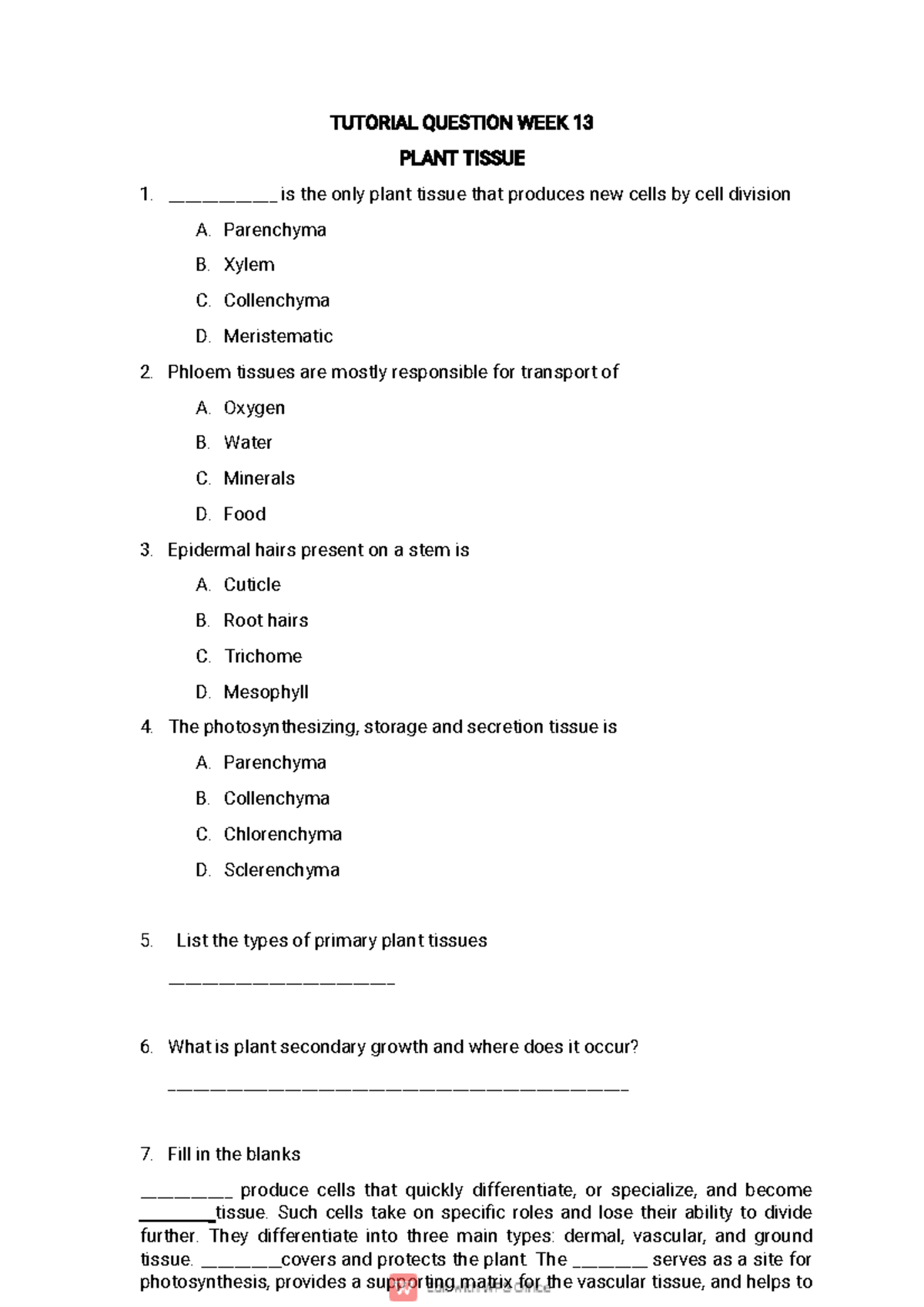 WEEK 13 Tutorial Question - TUTORIAL QUESTION WEEK 13 PLANT TISSUE ...