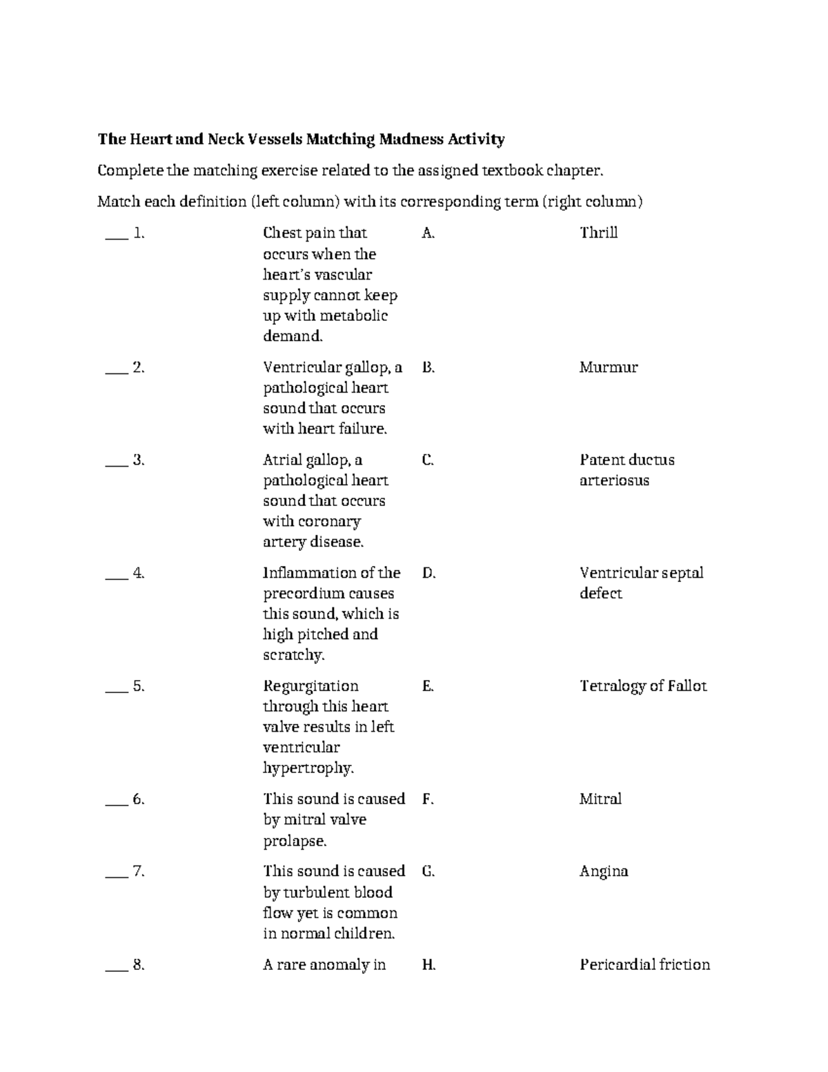 Unit7 matching - cardiovascular neck vessels - The Heart and Neck ...