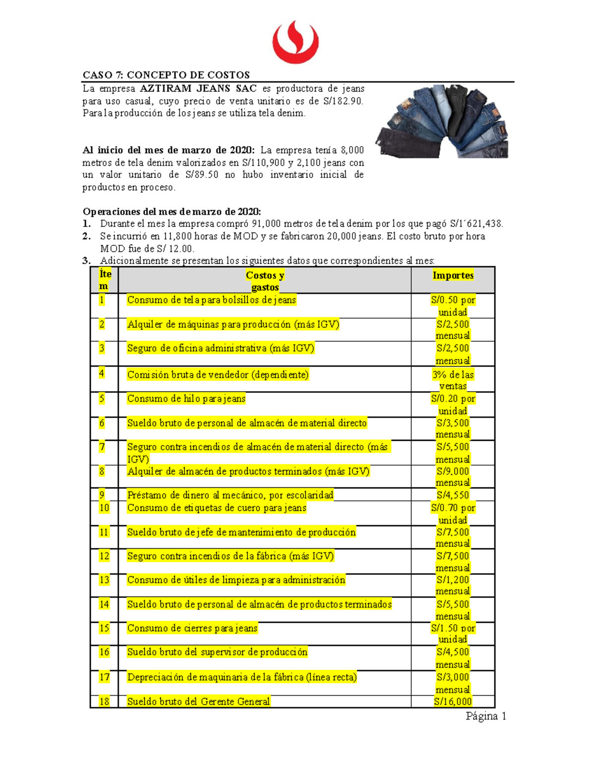 CASO Aztiram - TAREA - CASO 7: CONCEPTO DE COSTOS La empresa AZTIRAM JEANS SAC es productora de ...