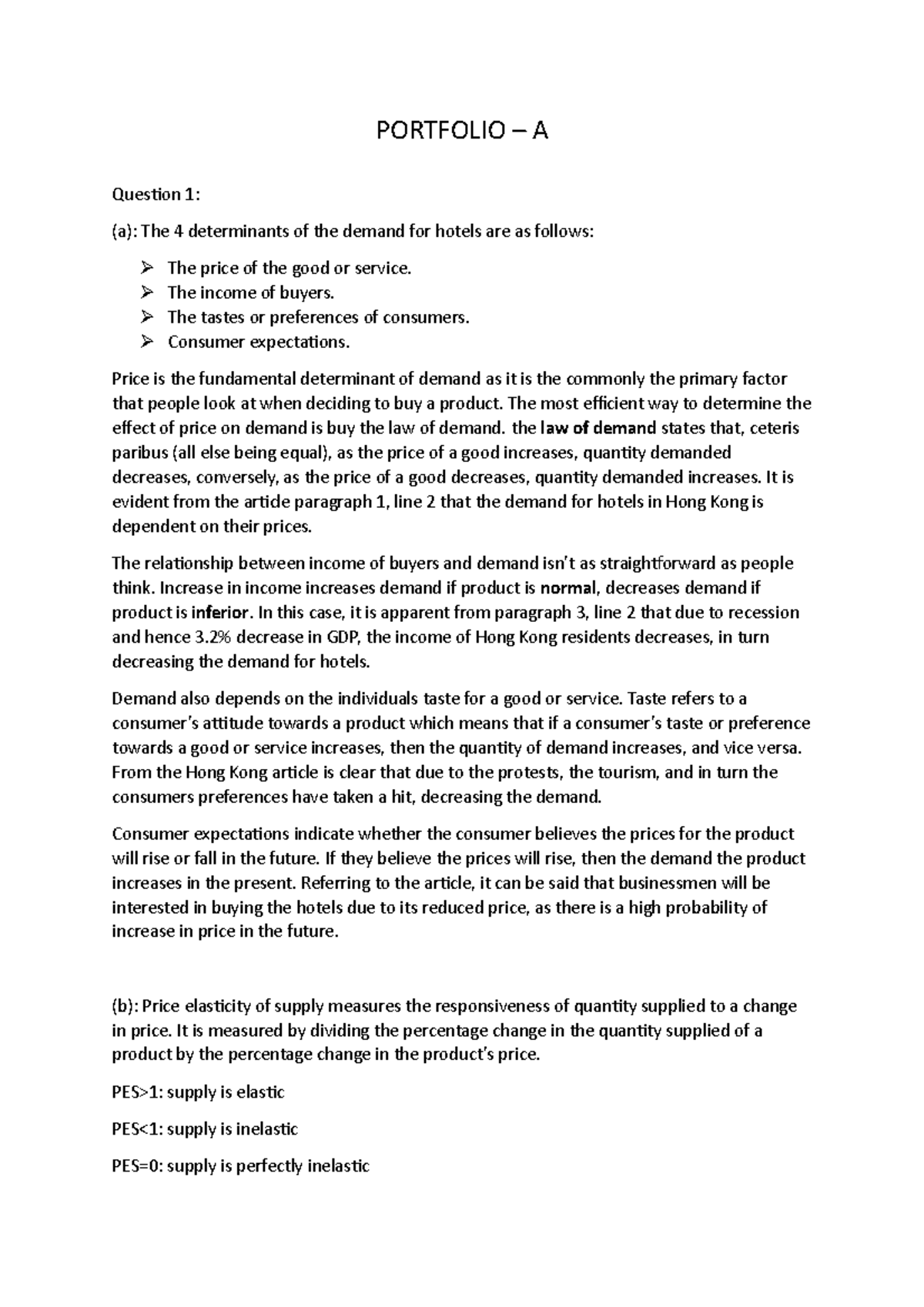 Portfolio A Questionnaire - PORTFOLIO – A Question 1: (a): The 4 ...