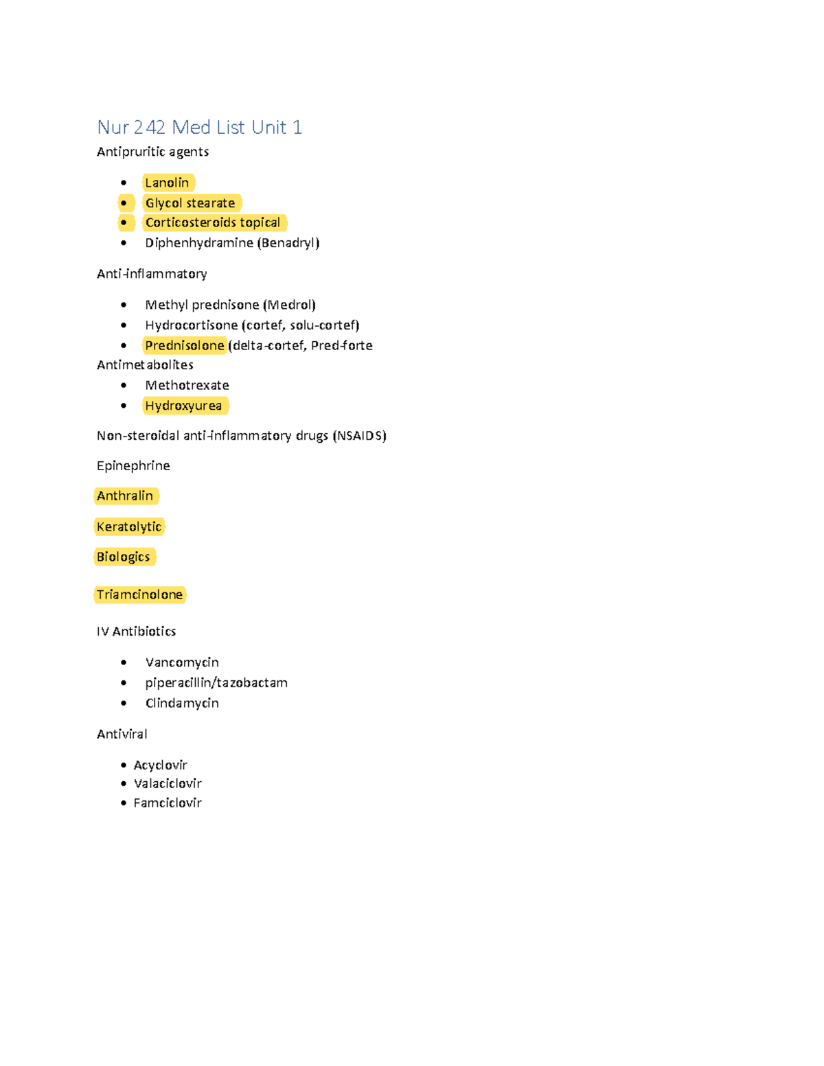 Nur 242 Med List Unit 1 - List of med surg drugs - Nur 242 Med List ...