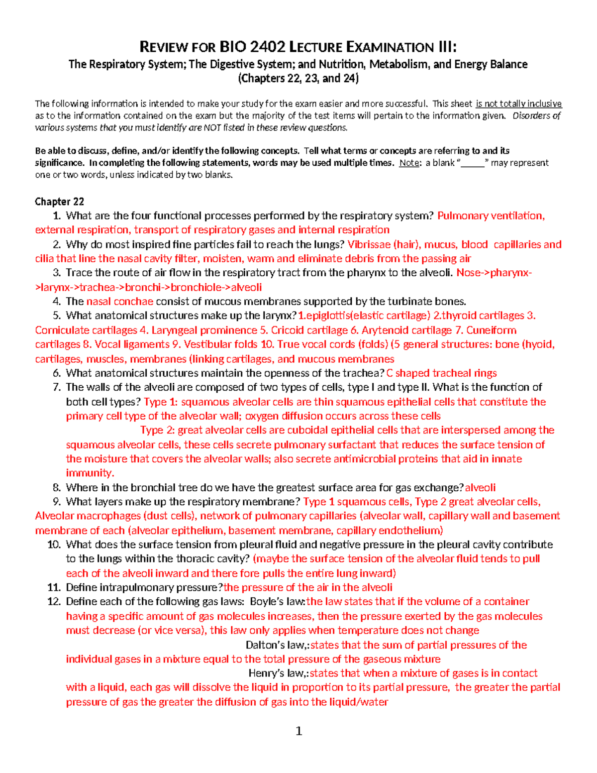 BIO 2402 Lecture Exam III Review chs 22, 23, and 24 revised Summer 2019 ...