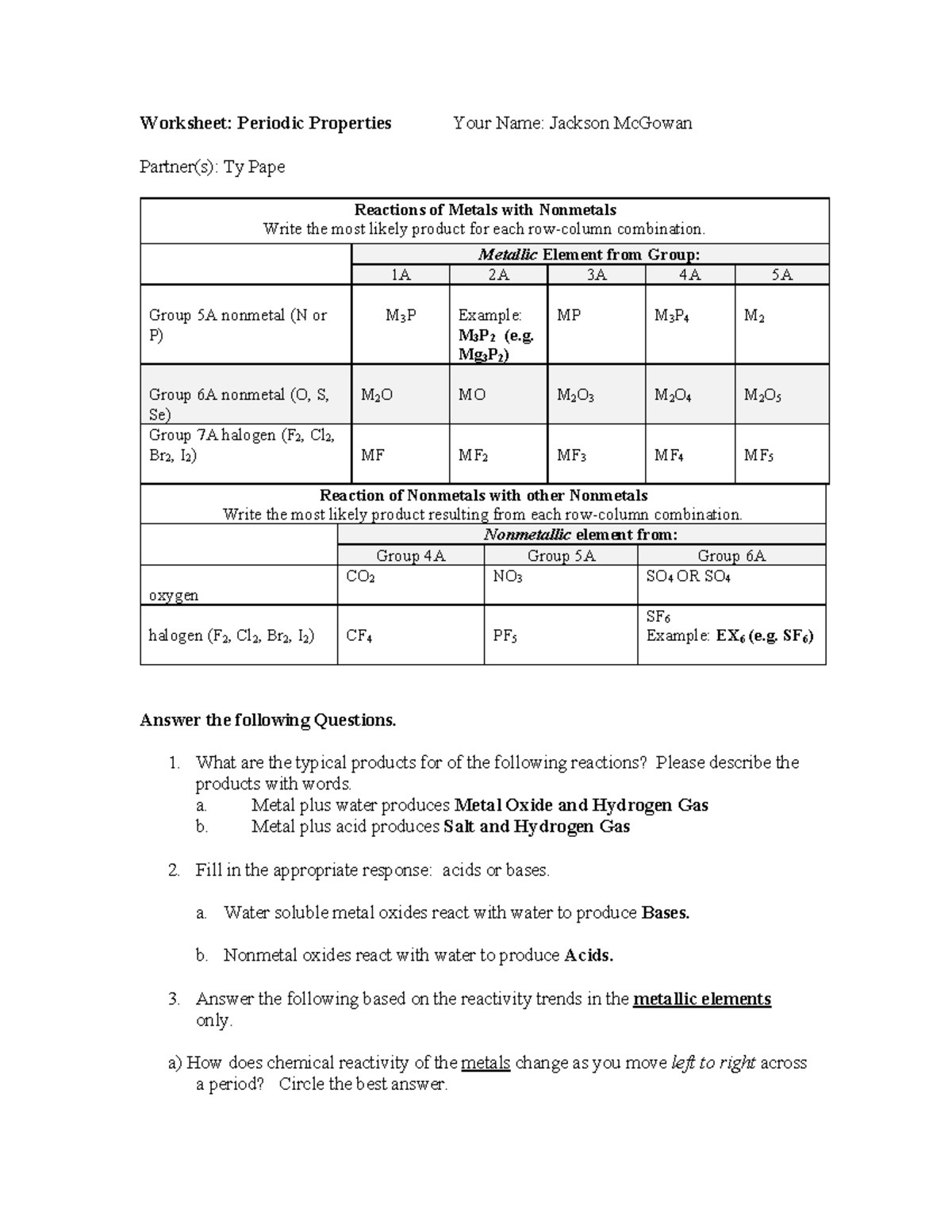 Exp 8 report - Worksheet: Periodic Properties Your Name: Jackson ...