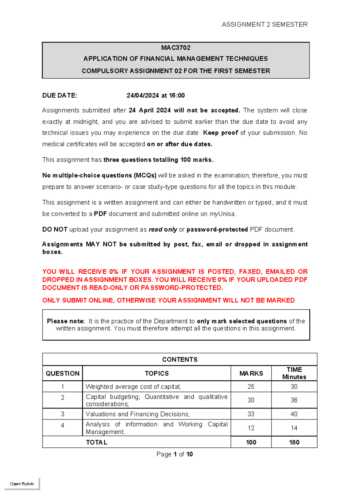 MAC3702 Assignment 2-Semester 1 2024 - MAC APPLICATION OF FINANCIAL MANAGEMENT TECHNIQUES ...