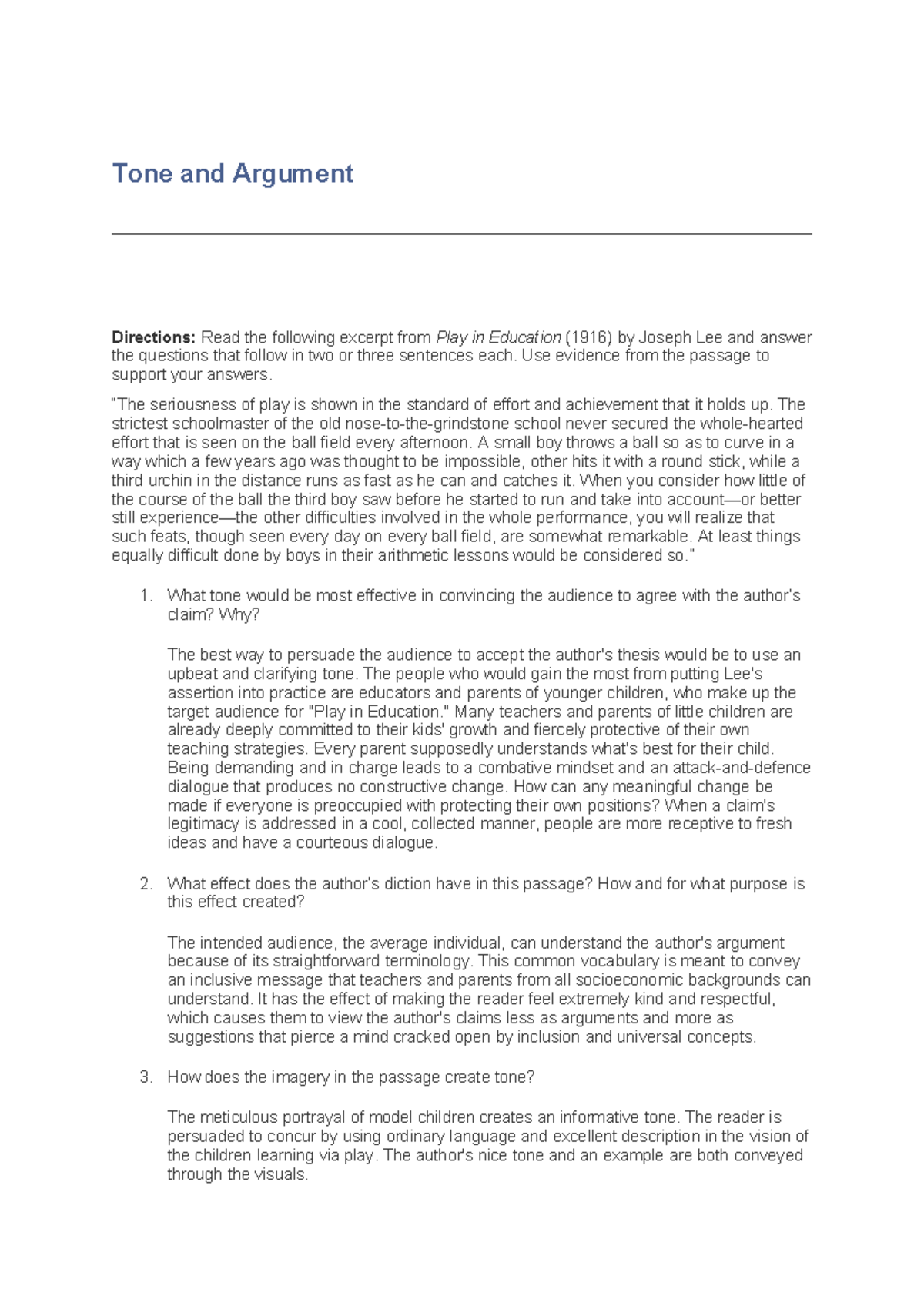 Tone and Argument - Tone and Argument Directions: Read the following ...