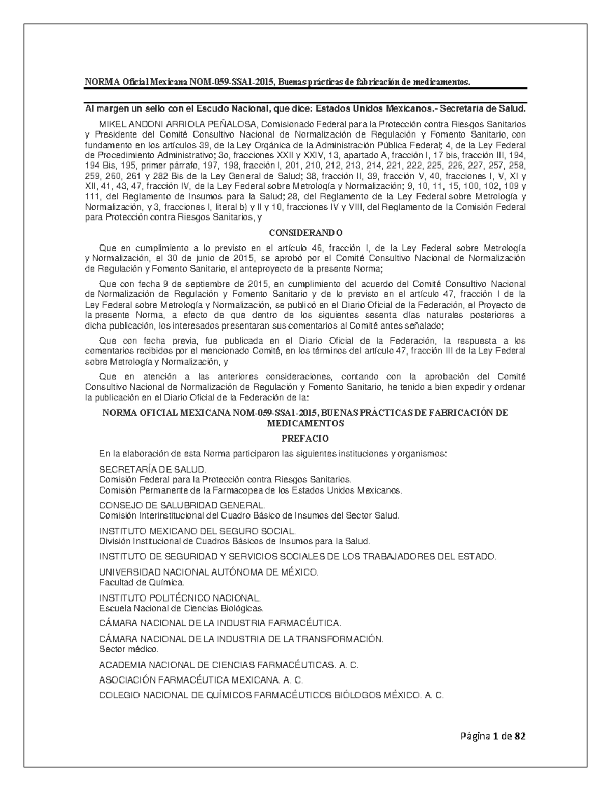 Norma Oficial Mexicana NOM-059-SSA1-2015 , Buenas prácticas de ...