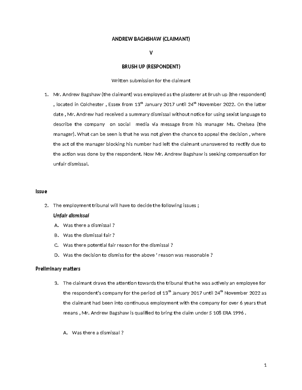 Written Submission Employment (F) - ANDREW BAGHSHAW (CLAIMANT) V BRUSH ...