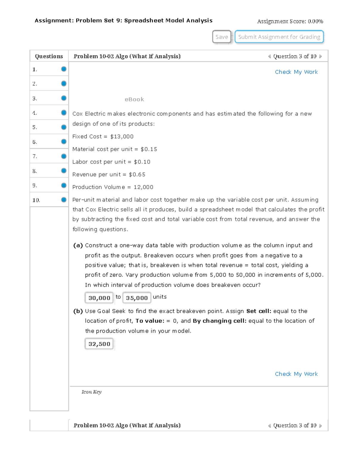 3 Spreadsheet Analysis Assignment Problem Set 9 Spreadsheet Model Analysis Assignment Score