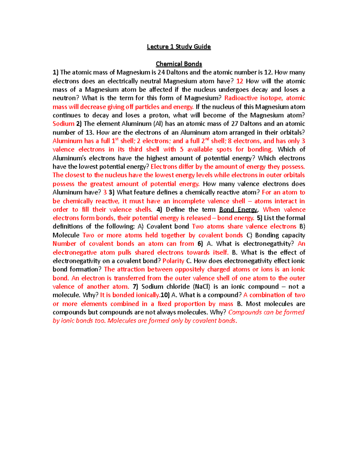 Chemical Bonds - Study guide - Lecture 1 Study Guide Chemical Bonds 1 ...