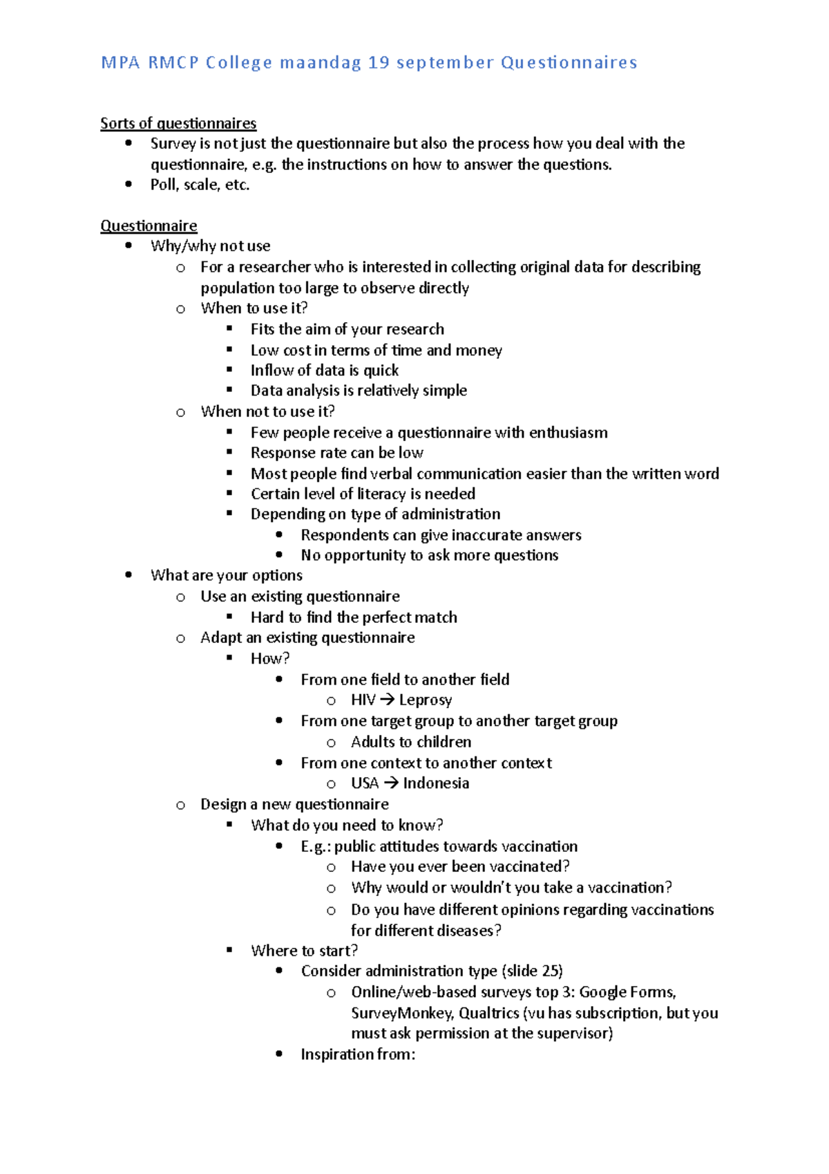 MPA RMCP College maandag 19 september Questionnaires - the instructions ...