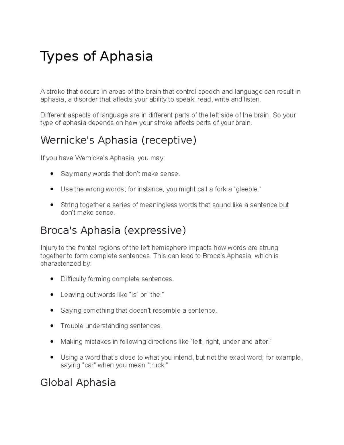 Types of aphasia - Types of Aphasia A stroke that occurs in areas of ...