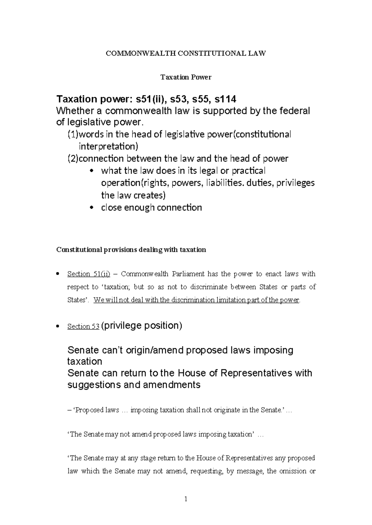 Week 2 Taxation class notes - COMMONWEALTH CONSTITUTIONAL LAW Taxation ...