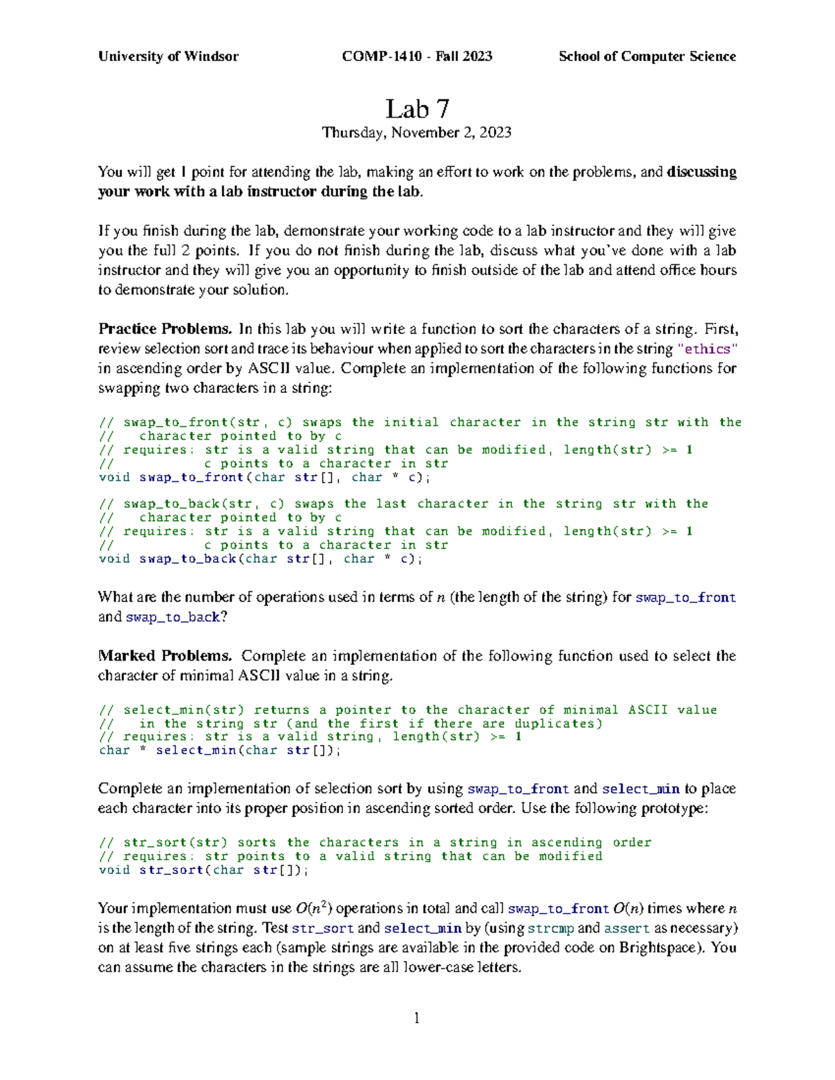 Lab7 Algorithms University Of Windsor Comp 1410 Fall 2023 School Of Computer Science Lab 7