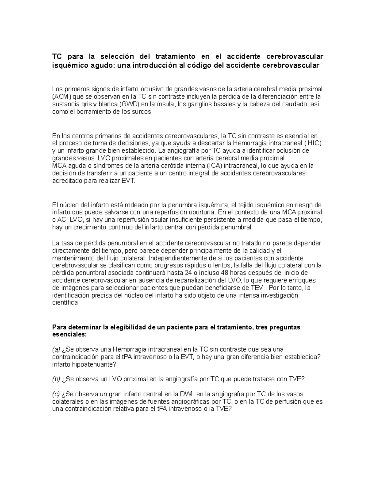 Resumen de tc acv urgencia - TC para la selección del tratamiento en el ...