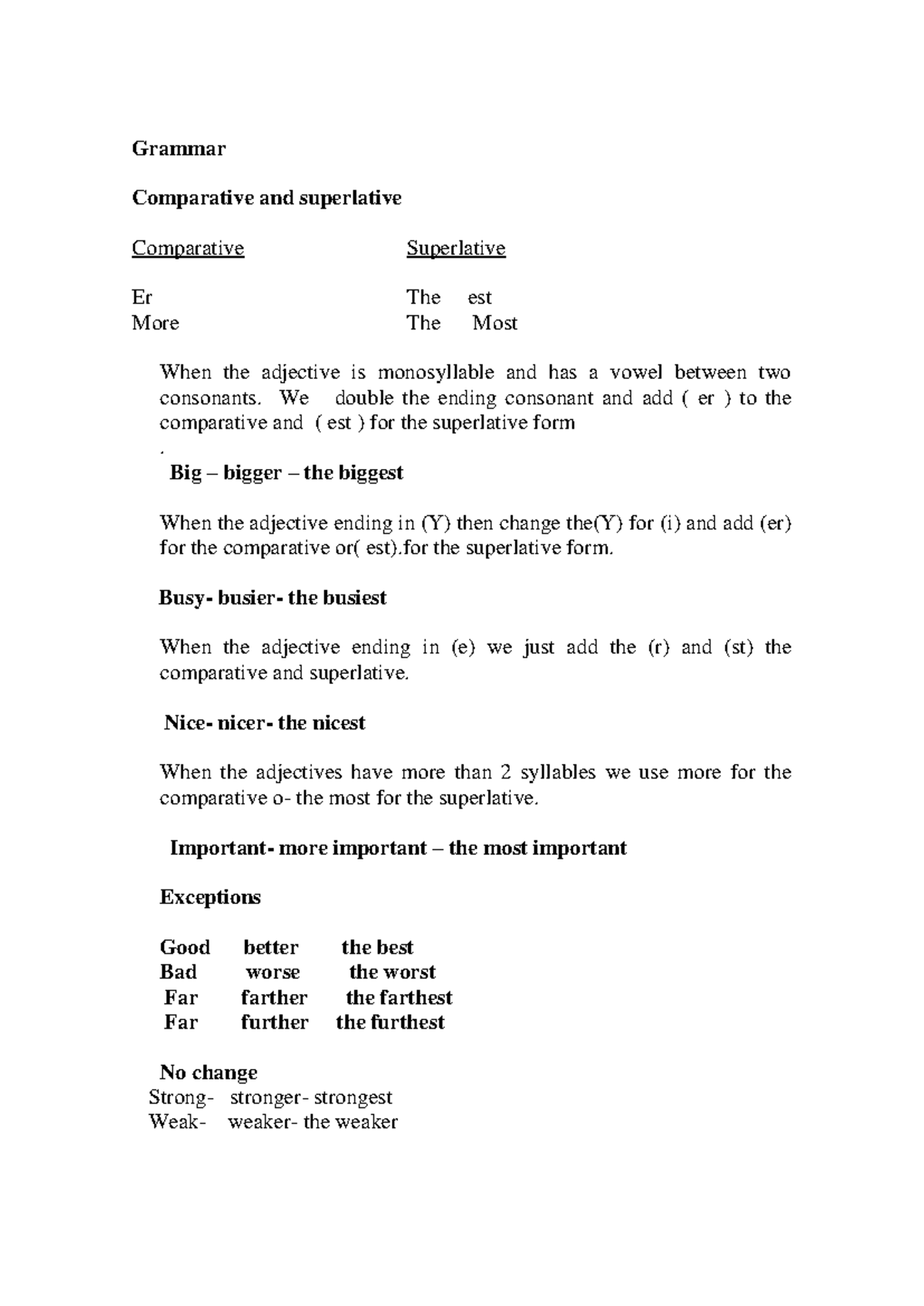 English 2. Grammar UNIT 9 - Grammar Comparative and superlative Comparative Superlative Er The ...