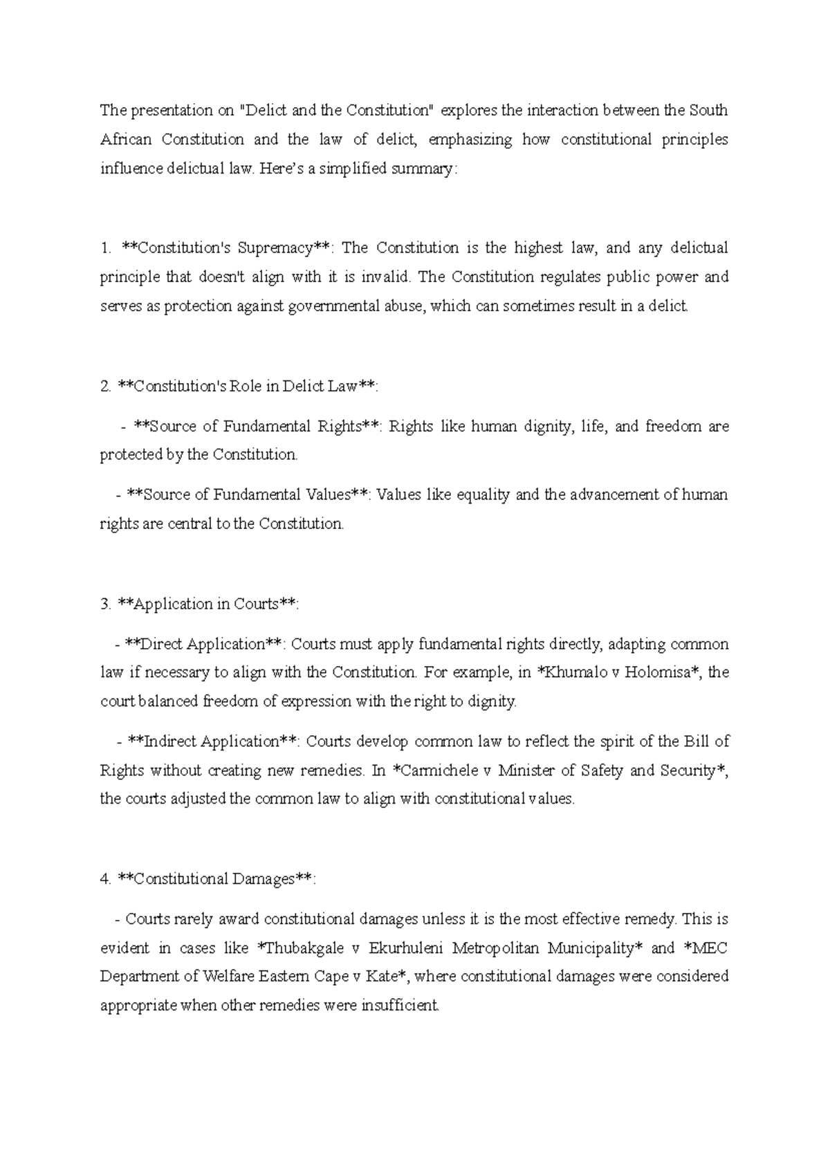 Week 1 and two delict summary and questions - The presentation on ...