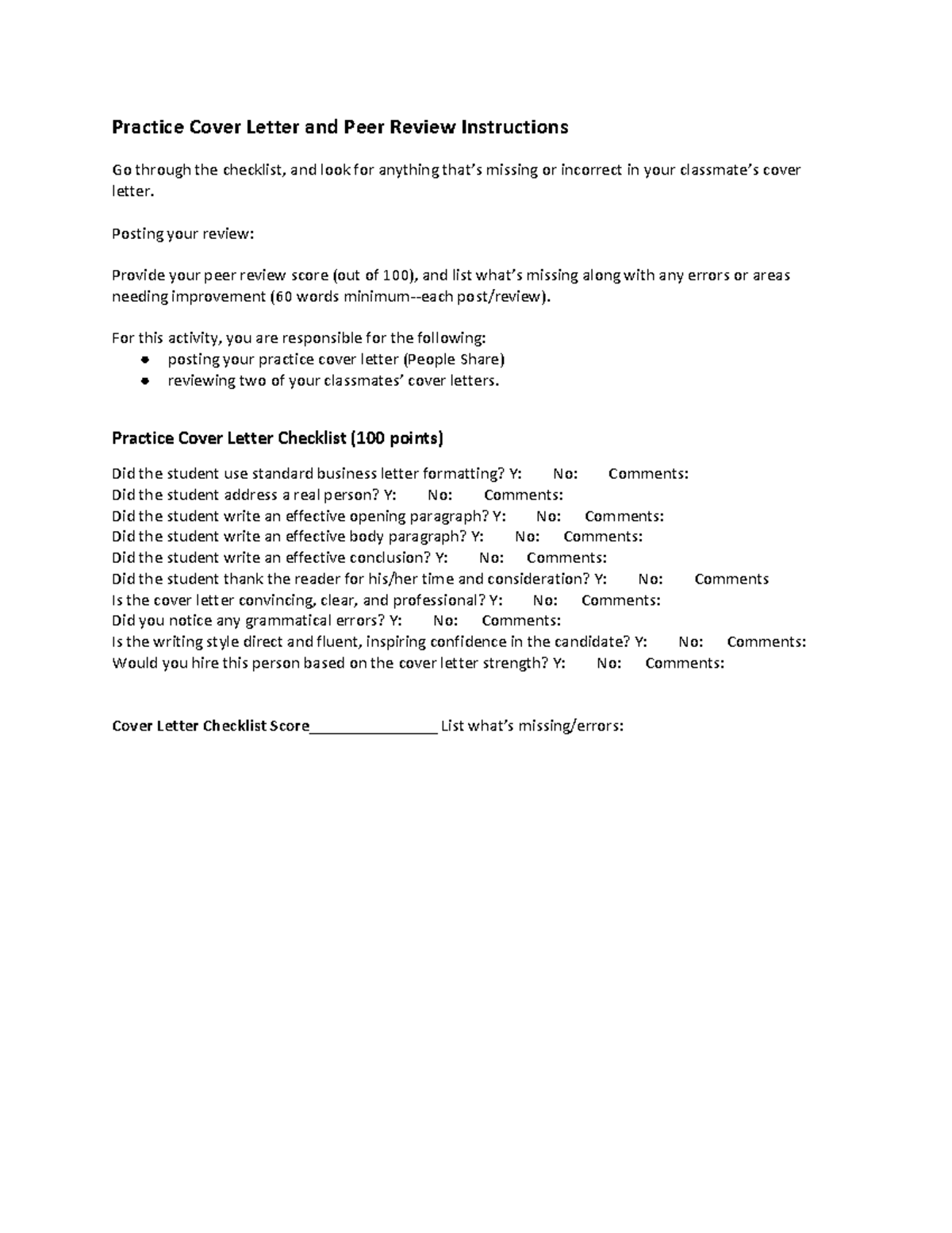 Practice Cover Letter Rubric People Share - Practice Cover Letter and ...