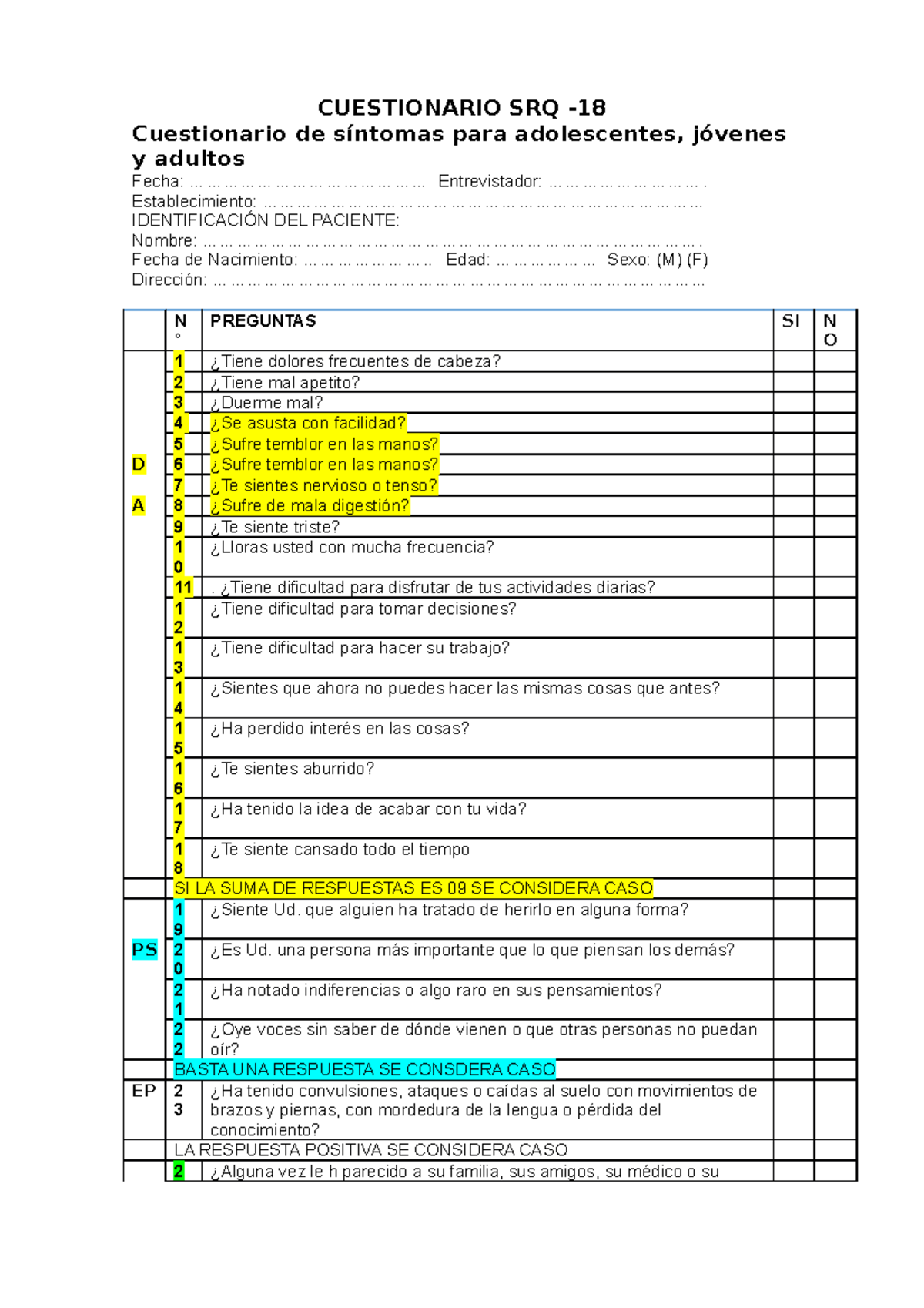 Cuestionario SRQ - CUESTIONARIO SRQ - Cuestionario de síntomas para ...