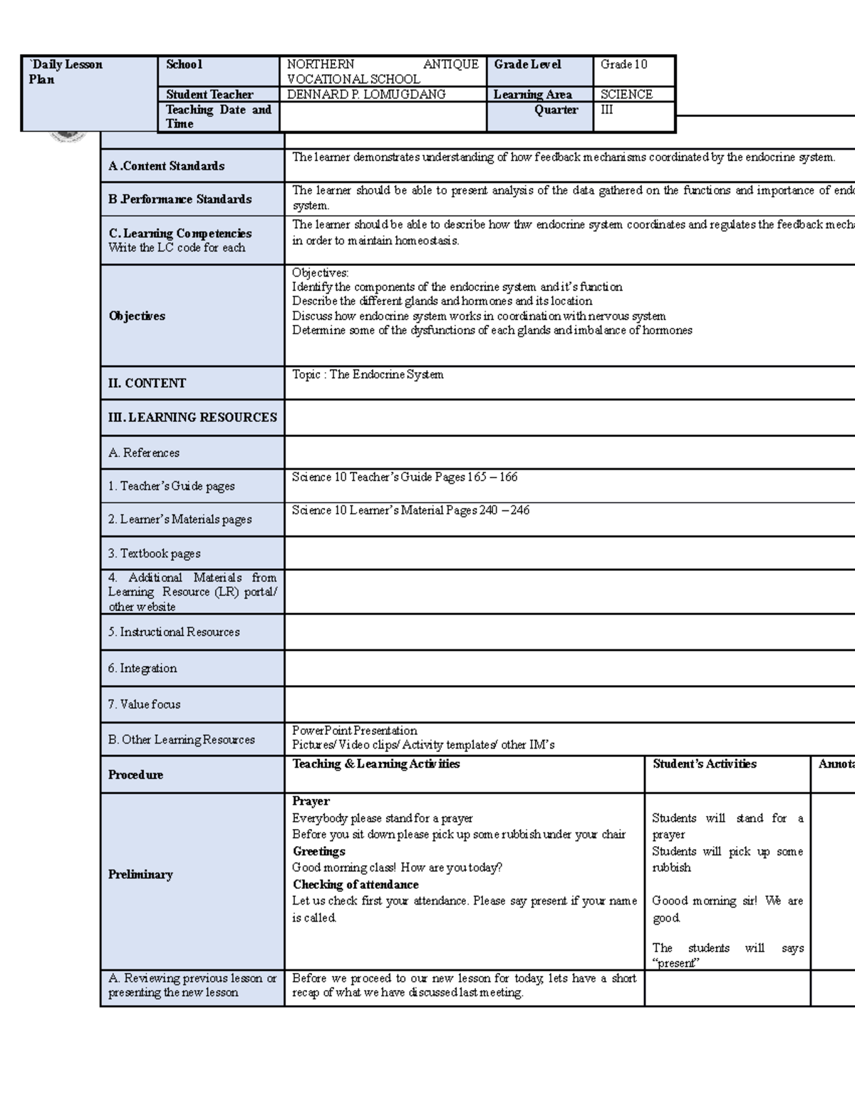 Lesson PLAN1O- Endocrine System - I. OBJECTIVES A .Content Standards ...