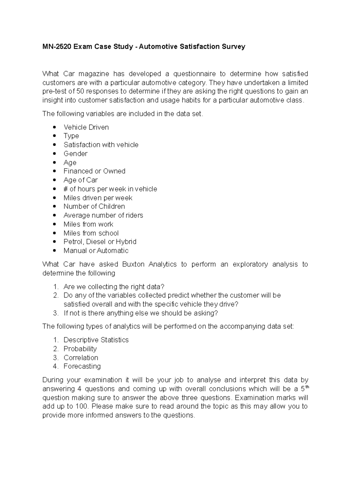MN-2520 Online Exam - Case Study - Automotive Satisfaction Survey - MN ...
