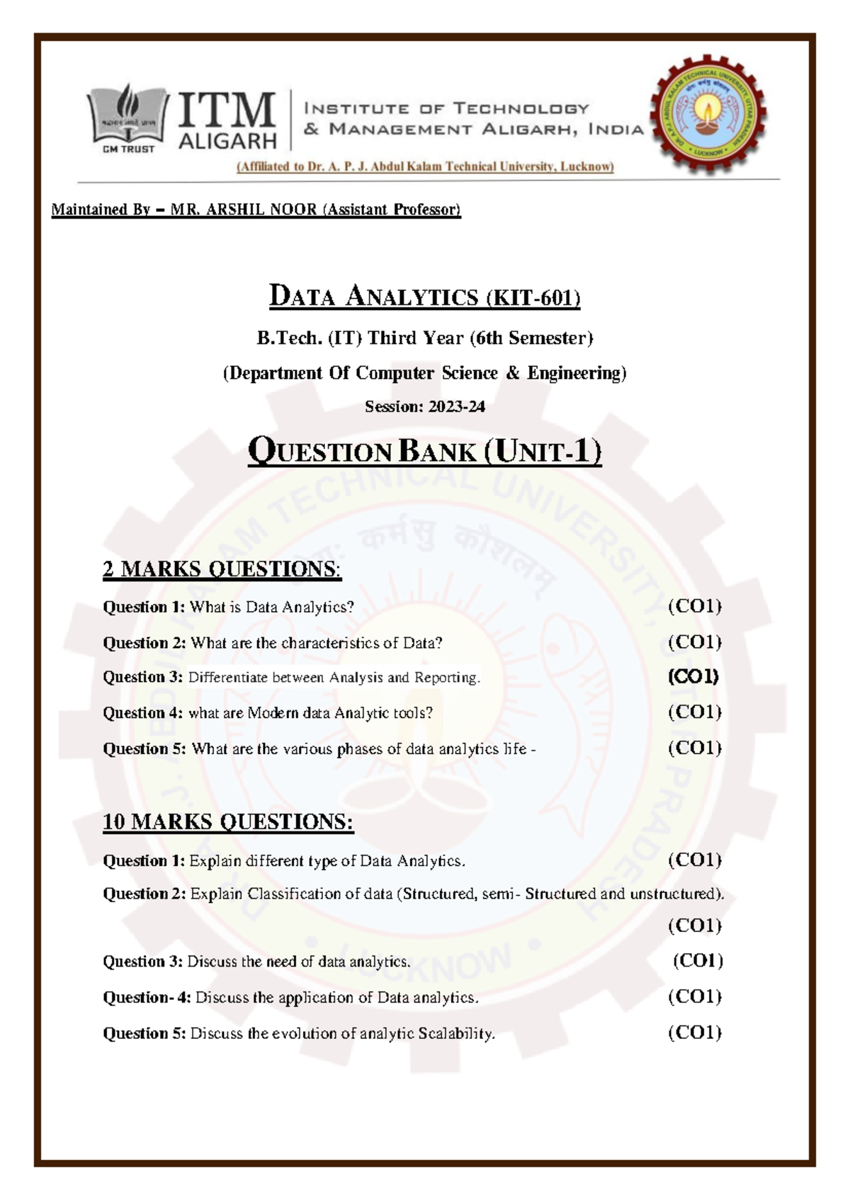 DA [Question Bank] - Unit 1 - Maintained By – MR. ARSHIL NOOR (Assistant Professor) DATA ...