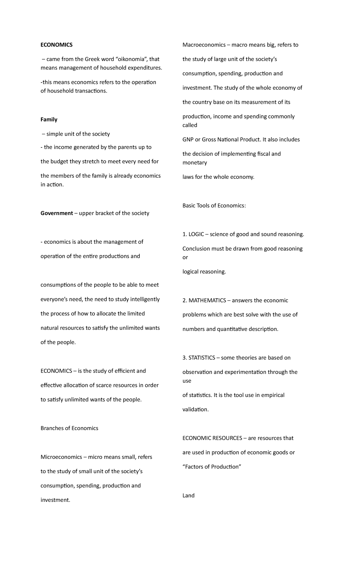 Basic Terms in Economics - ECONOMICS – came from the Greek word ...