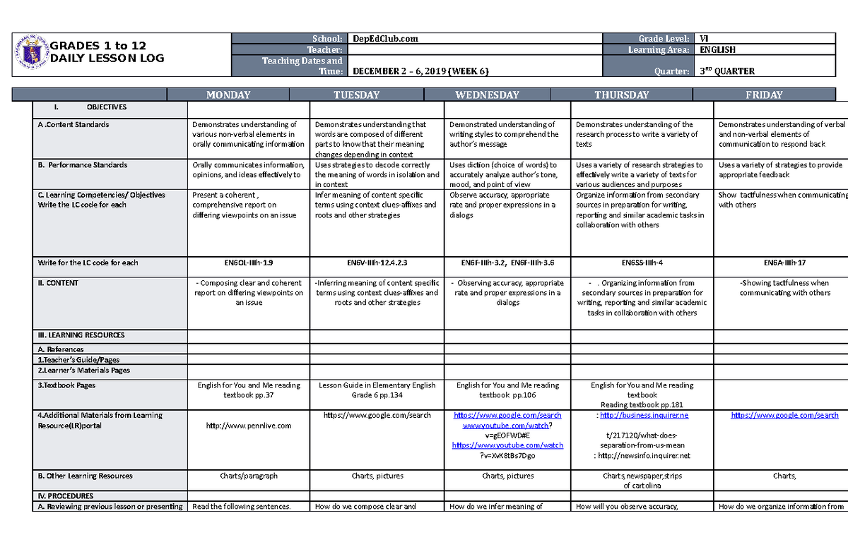 Daily Lesson Log in English Week 3 Practice material - Study and ...
