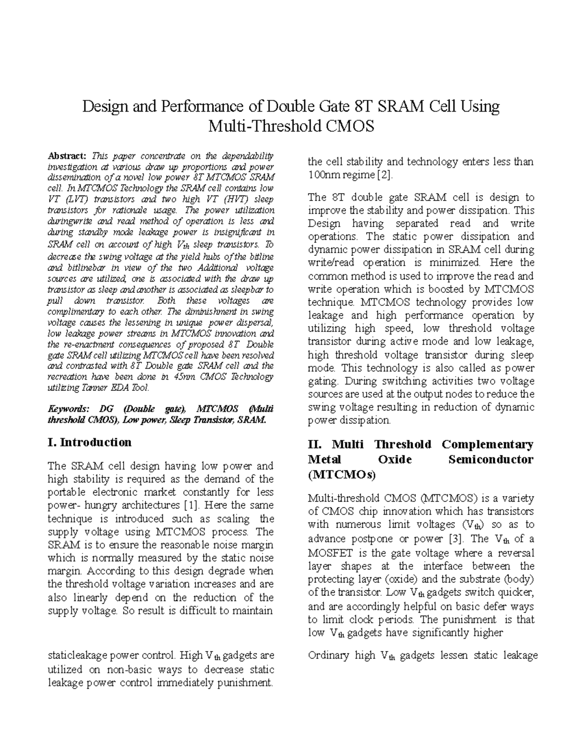 Design and Performance of Double Gate 8T SRAM Cell Using Multi-Threshold CMOS - Design and - Studocu