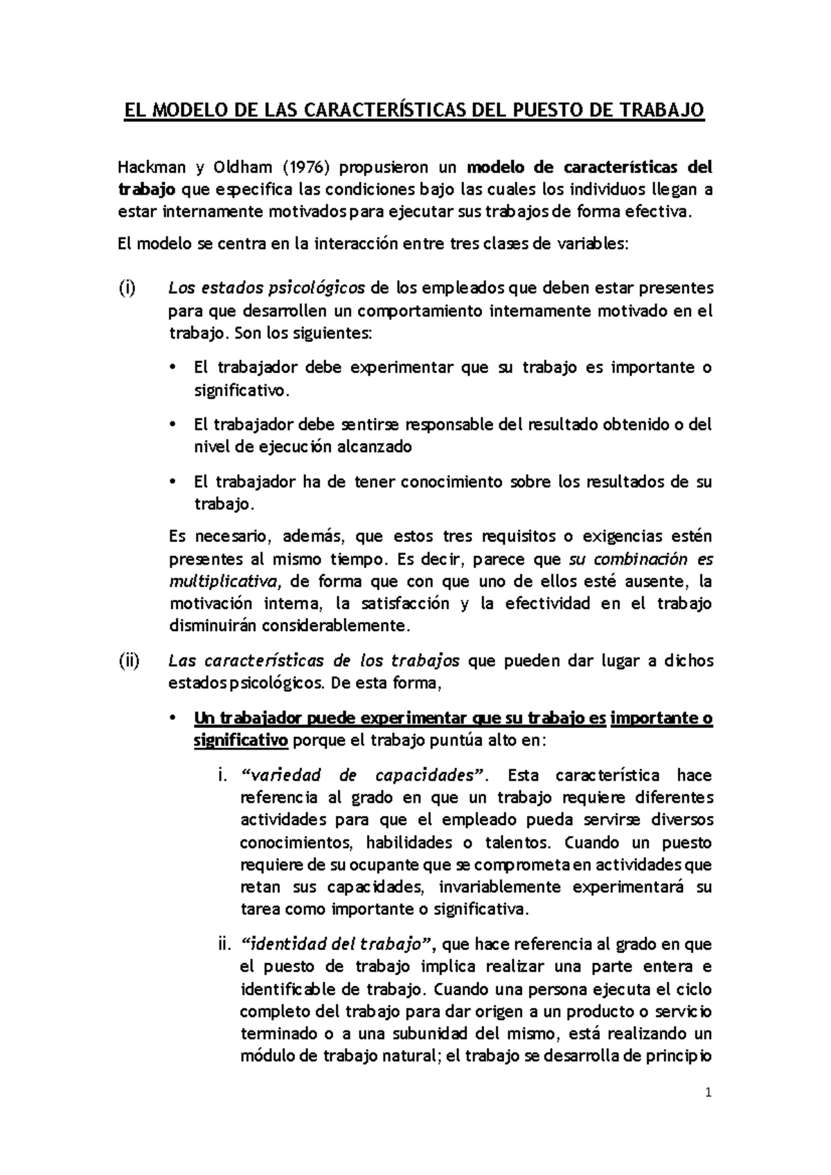 Modelo Hackman y Oldham moodle - EL MODELO DE LAS CARACTERÍSTICAS DEL ...