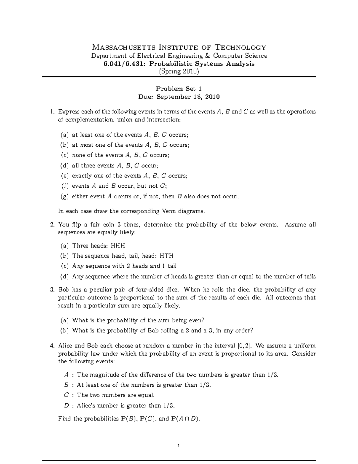 Seminar assignments - Assignment 1 with solutions - Massachusetts ...